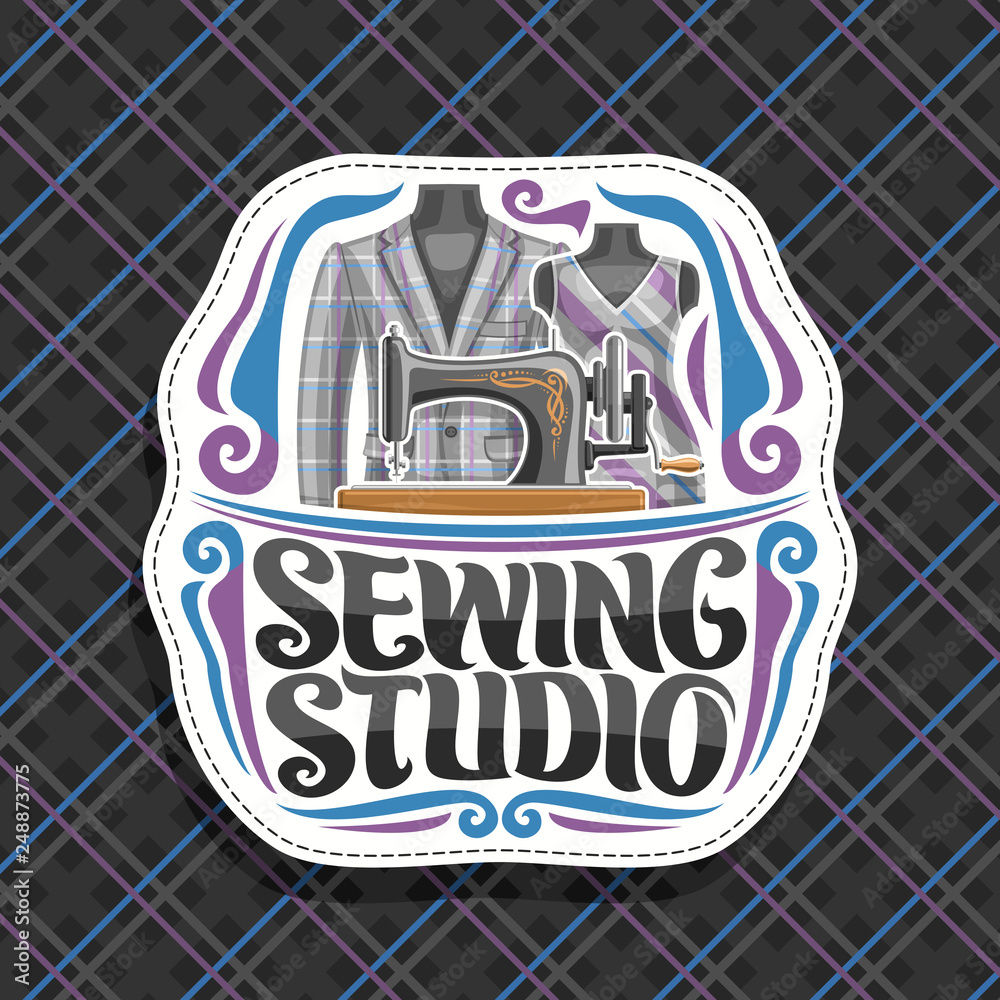 Vector logo for Sewing Studio, white decorative signboard with ...