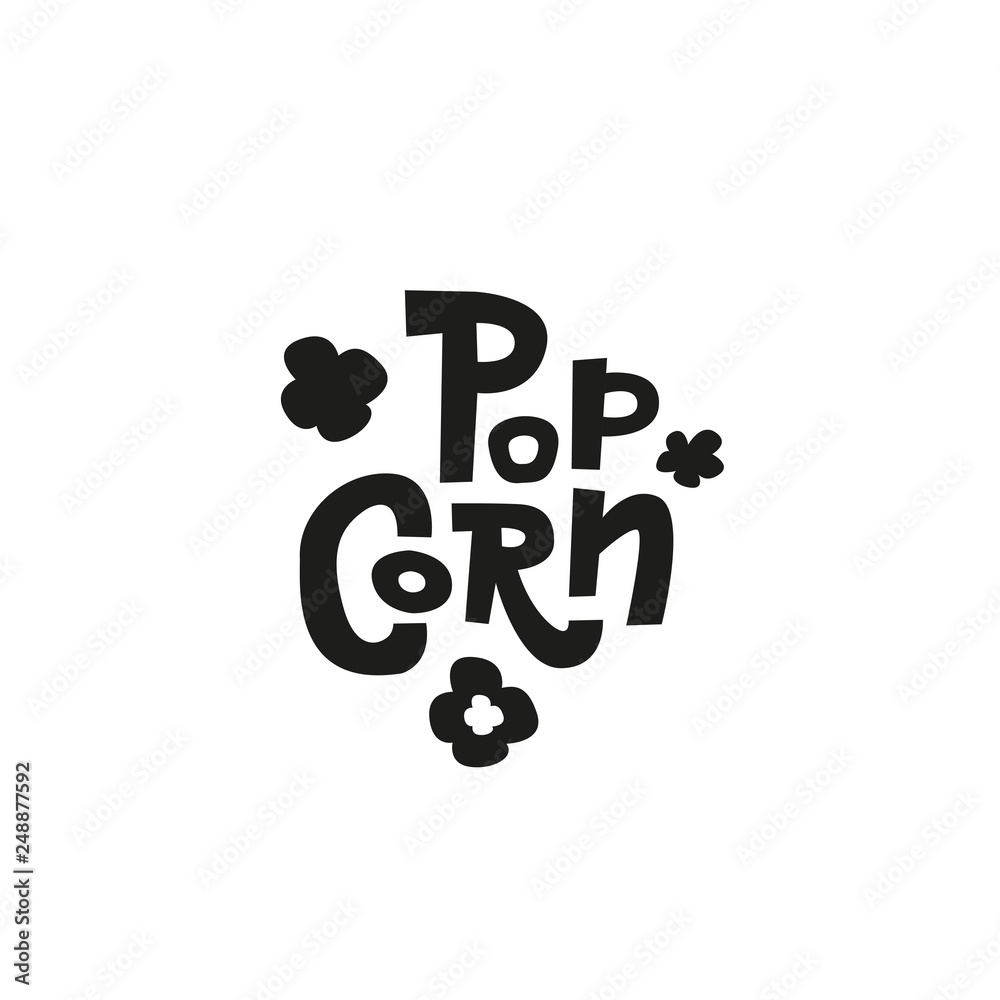 Popcorn text label with popping. Hand drawn typography sign. Black and ...