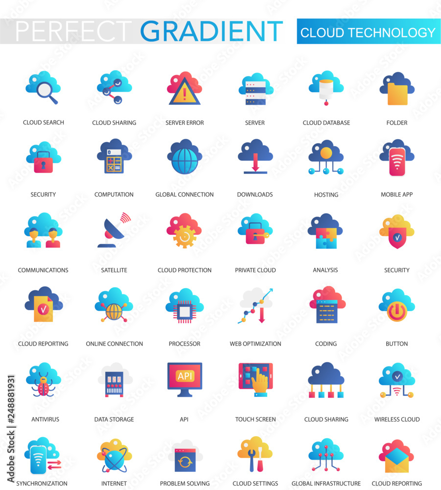 Vector set of trendy flat gradient of cloud, big data technology icons ...