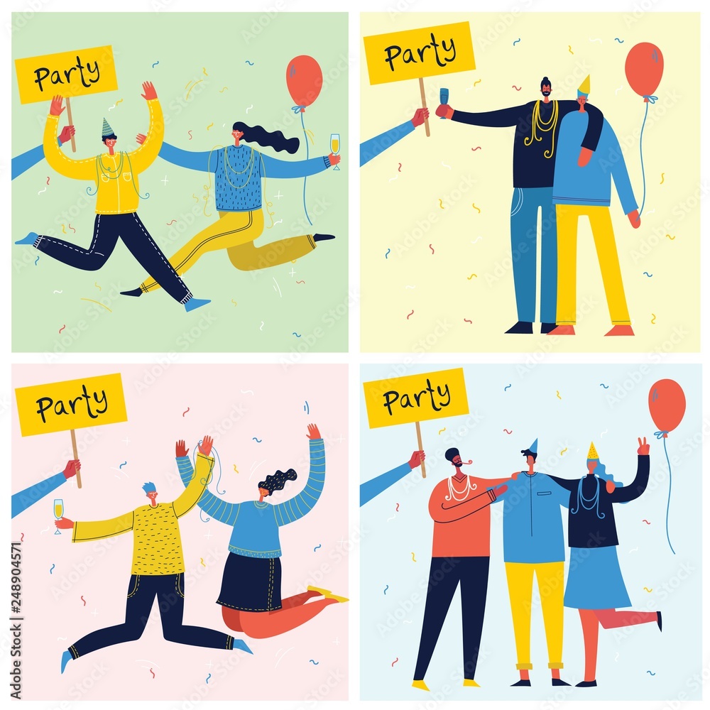 Vector set of cards with Happy group of people celebrating, jumping on ...