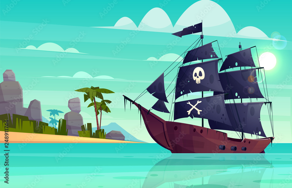 Vector cartoon pirate ship on water, sand beach of the bay. Wooden boat ...
