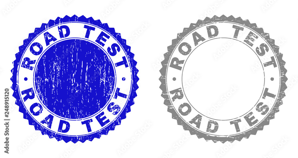 Grunge ROAD TEST stamp seals isolated on a white background. Rosette ...