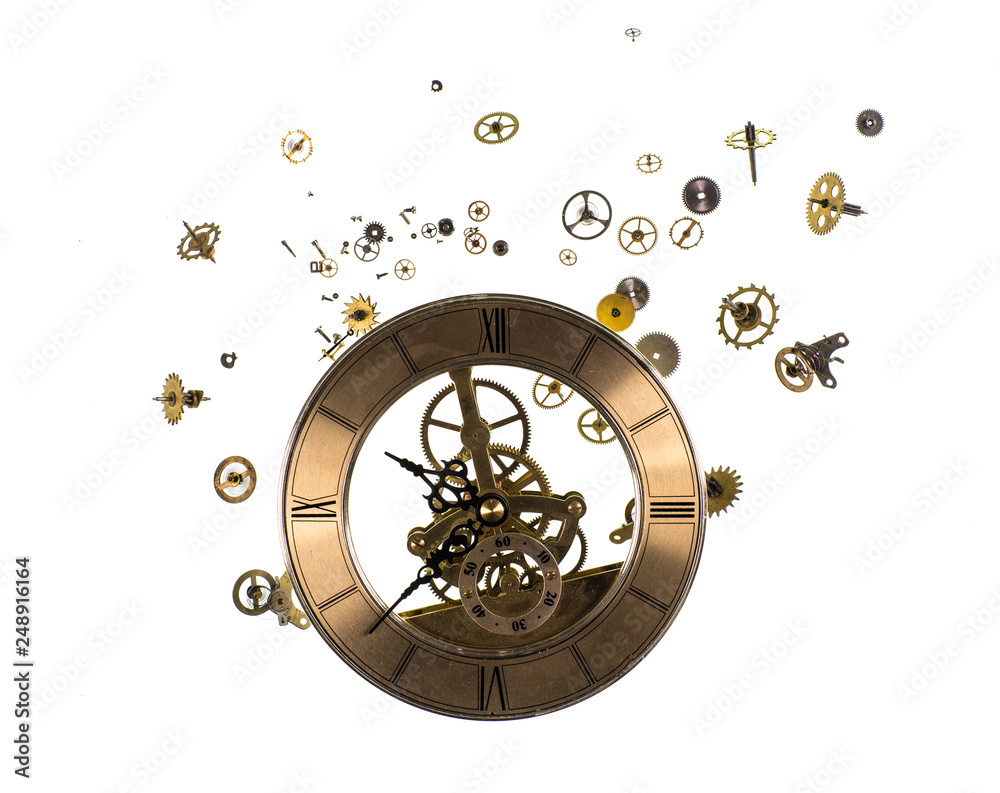 parts of clock mechanism on white background Stock Photo | Adobe Stock