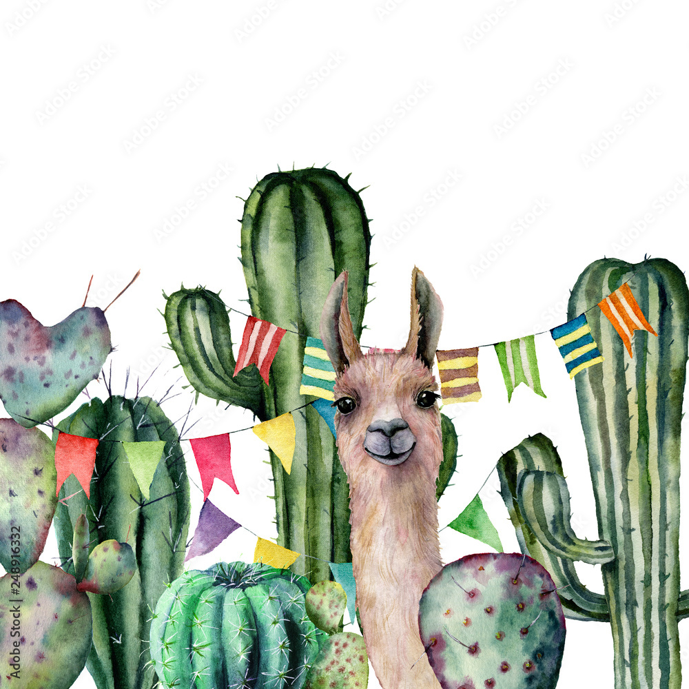 Watercolor card with llama looks out from the thickets of the cactus ...