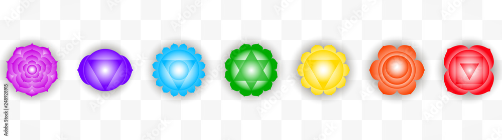 Set of seven colorful chakras symbols isolated on transparent ...