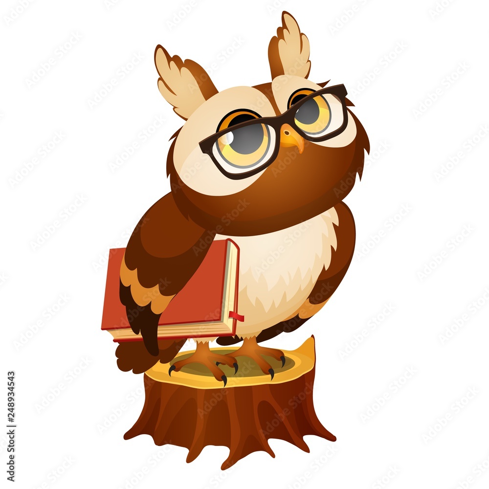 Wise owl with a book stands on a stump isolated on white background ...