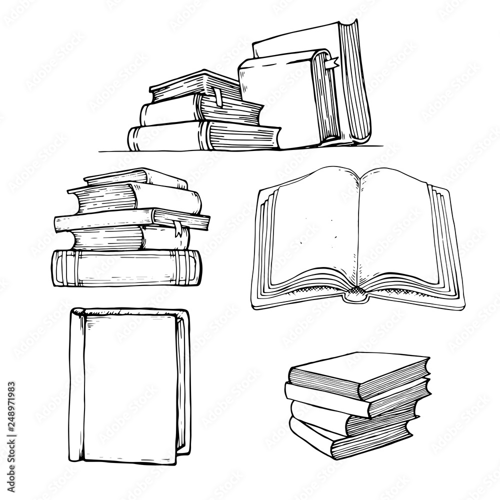 Books vector collection. Pile of paper books. Hand drawn illustration ...