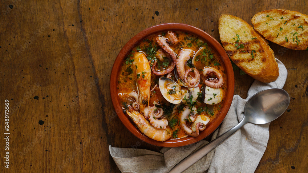 Caldereta (Spanish seafood stew), traditional northern Spanish seafood ...