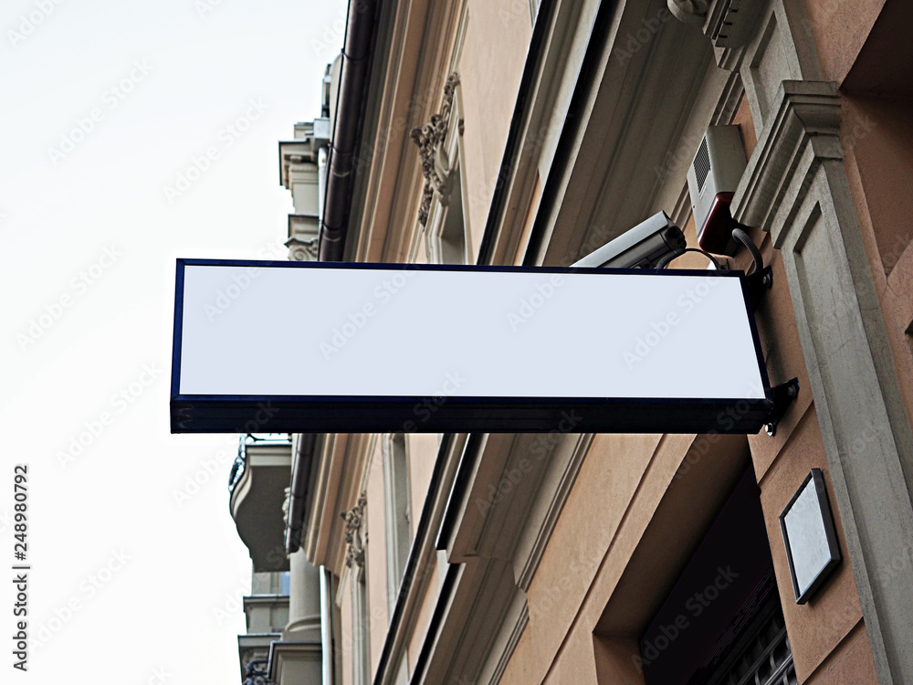 Signboard side view of empty white mock up signage in black frame with ...
