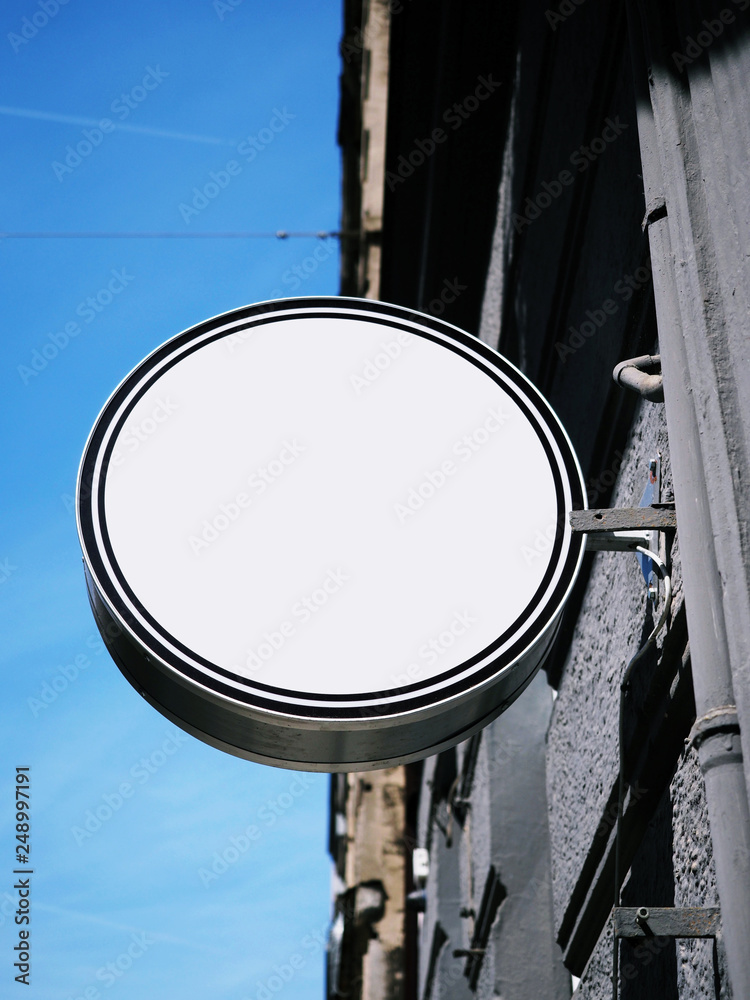 Signboard side view of empty red mockup, mock up signage in steel metal ...