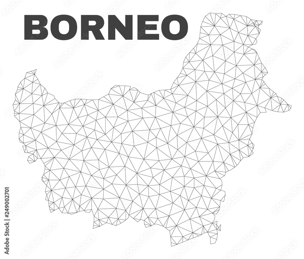 Abstract Borneo map isolated on a white background. Triangular mesh model in black color of ...