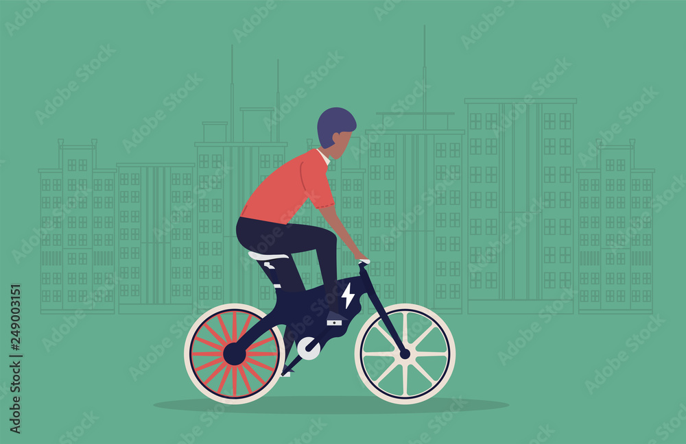 Cartoon picture with black man riding fast modern electric bicycle ...