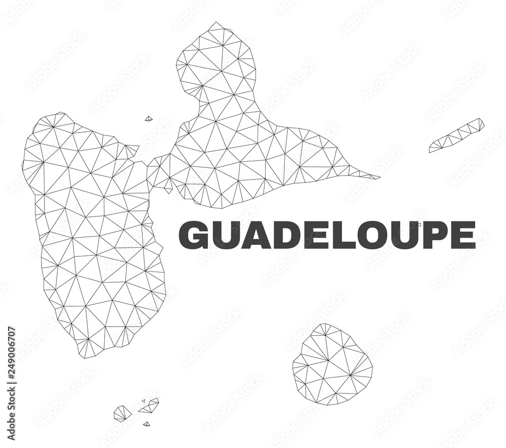 Abstract Guadeloupe map isolated on a white background. Triangular mesh model in black color of ...