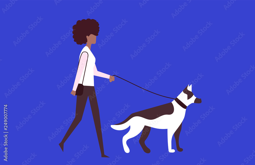 Cartoon picture with girl, black woman and she's got her dog, walking ...