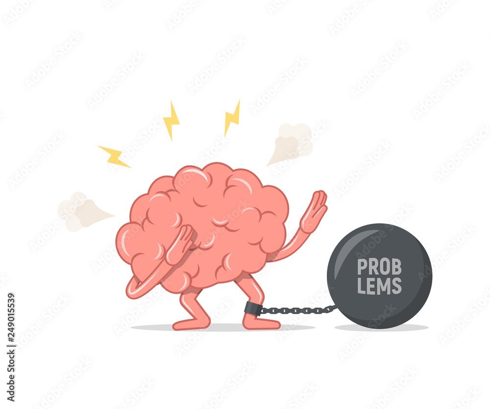 Depressed brain chained and shackled a iron prison ball. Concept of ...
