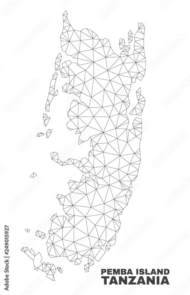 Abstract Pemba island map isolated on a white background. Triangular mesh model in black color ...