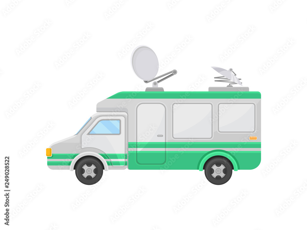 Outside broadcast van, side view. Truck with satellite dish antennas on ...