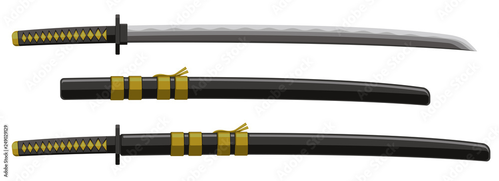 Katana (Japanese sword) illustration set. Samurai's weapon. Katana with ...