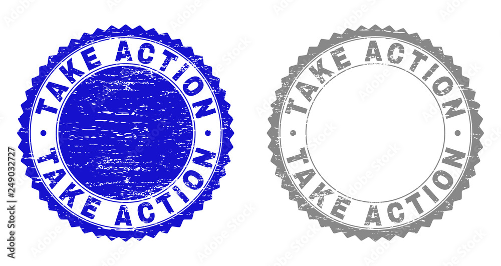 Grunge TAKE ACTION stamp seals isolated on a white background. Rosette ...