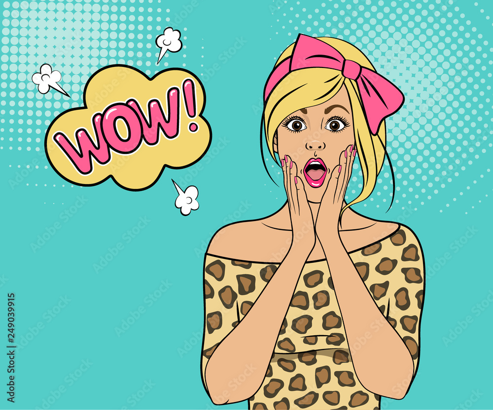 Wow Pop Art Face Sexy Surprised Young Blonde Woman With Open Mouth And