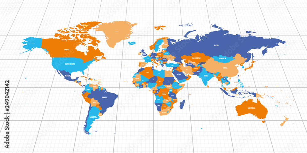Colorful geopolitical map of World. Bottom perspective view with ...