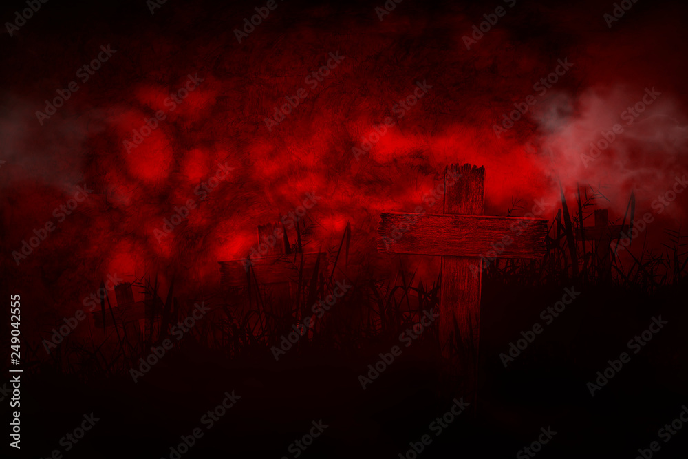 Scary background cemetery cross in overgrown grass forest with fog and ...