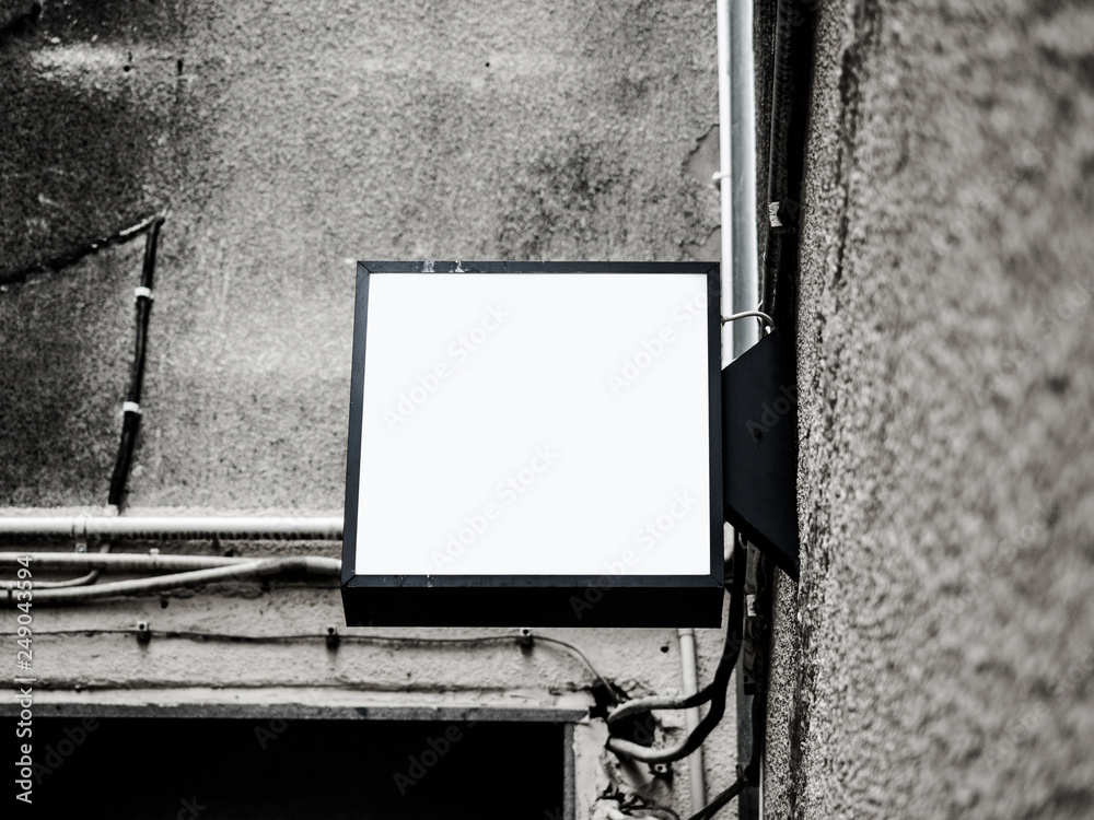 Signboard side view of empty white mock up, squared, box, signage with ...