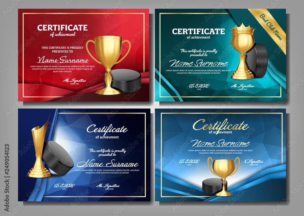 Ice Hockey Game Certificate Diploma With Golden Cup Set Vector. Sport ...