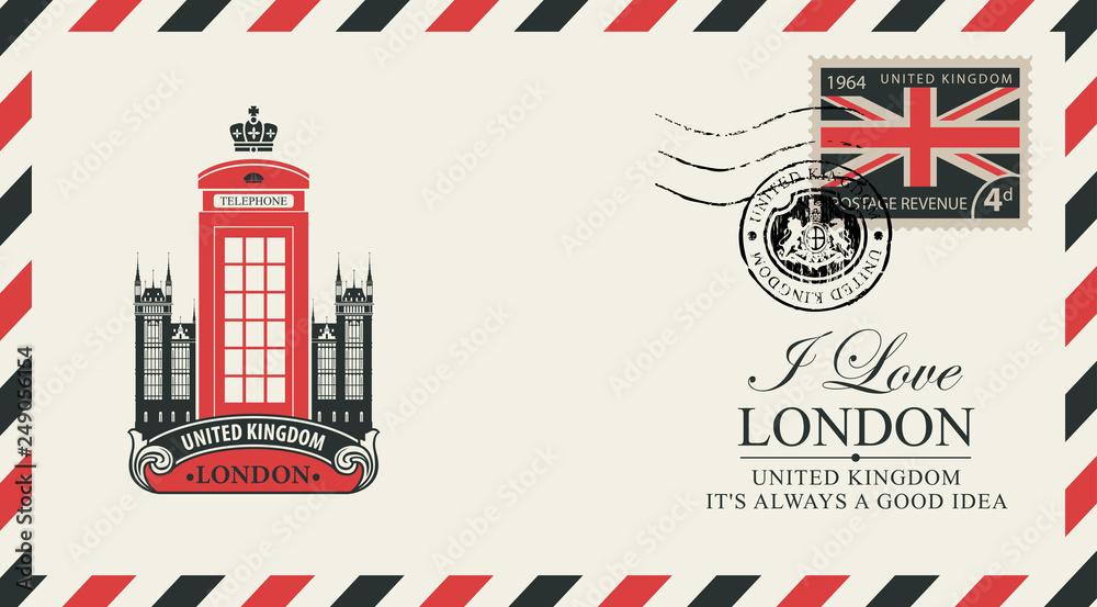 Vector postcard or envelope with the famous London telephone booth and ...