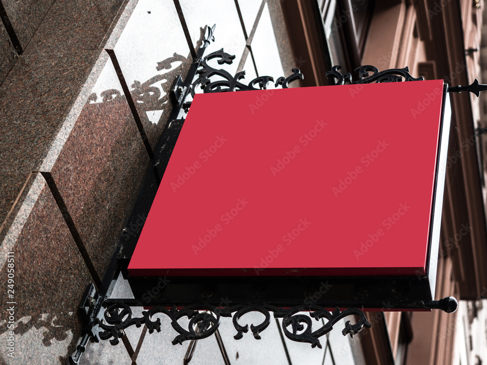 Squared, signboard side view of empty red mock up in a red frame ...