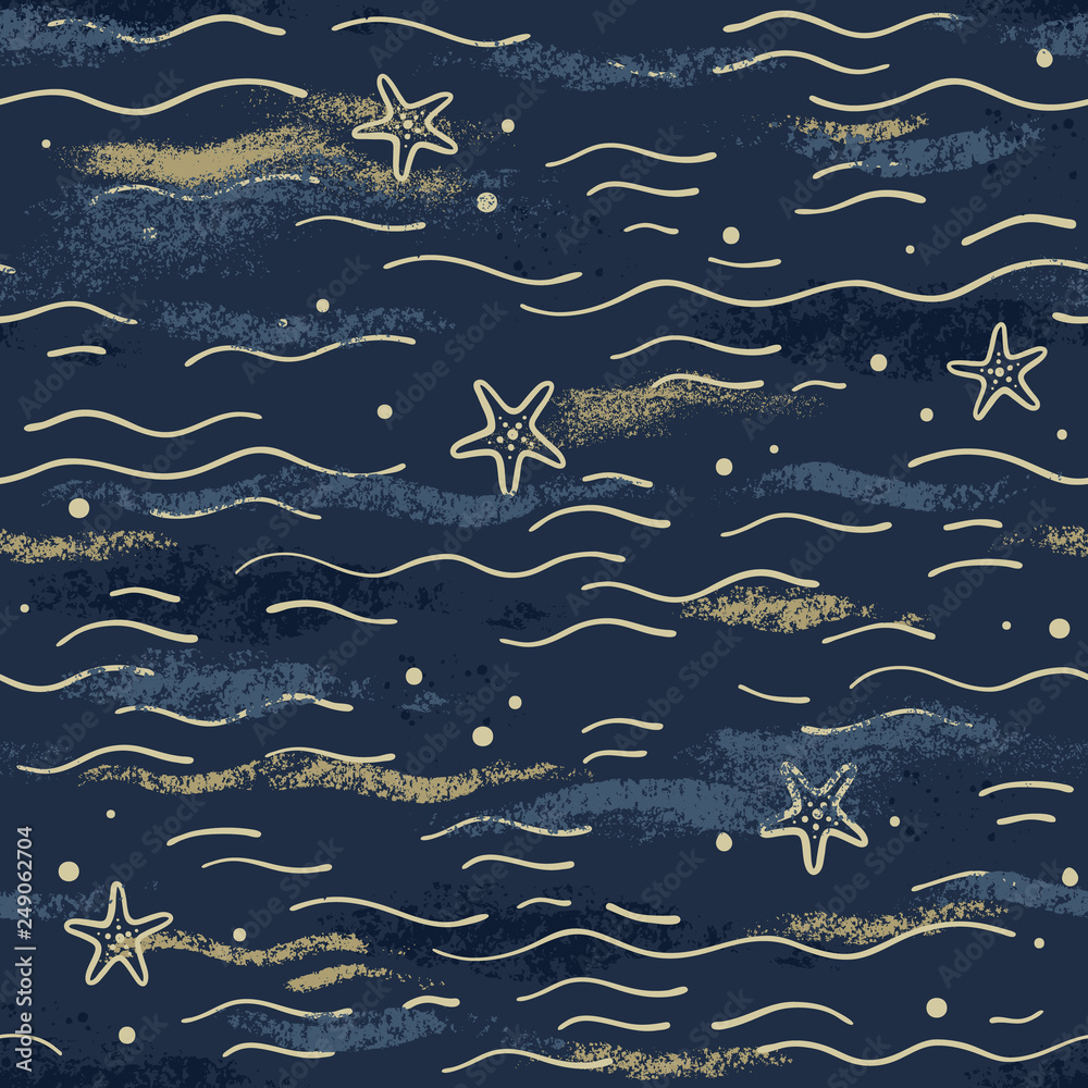 Wave blue pattern. Nautical background in vector in linear style. Drawn ...