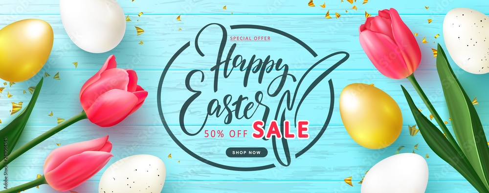 Happy Easter Sale banner.Beautiful Background with Golden and white ...