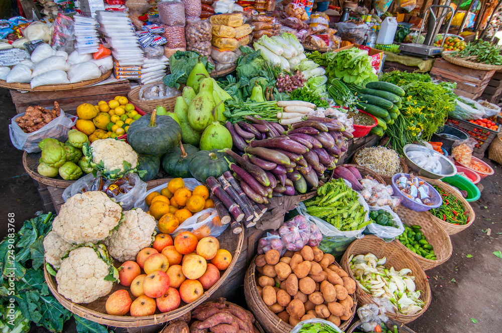 Vegetables and fresh fruits for sale at market, near Bagan, Myanmar ...