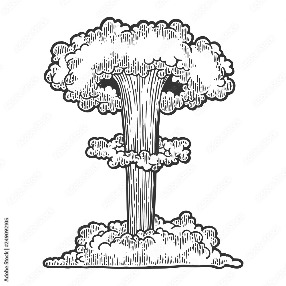 Nuclear bomb explosion vintage engraving vector illustration. Scratch ...