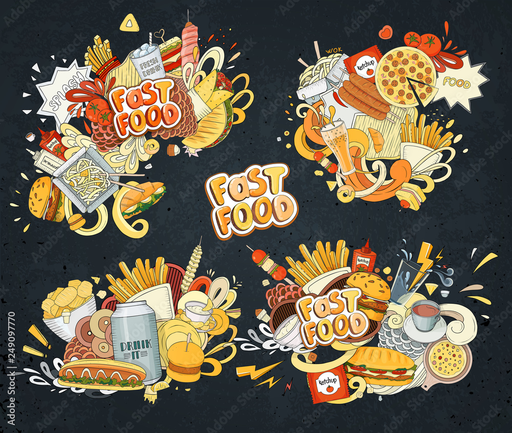 Set of Vector illustration Cartoon style. Fast food objects. This ...