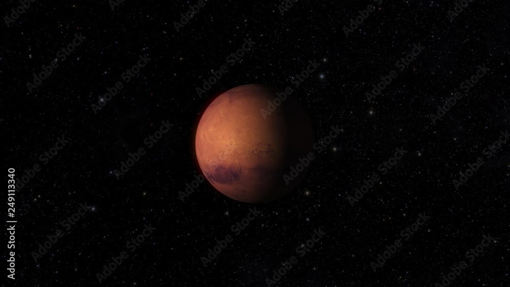CGI composite: planet Mars rotating, center-wide shot, half lit with a ...