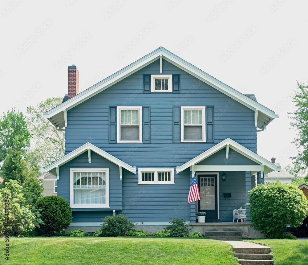 Basic Blue House with Small Porch Stock Photo | Adobe Stock