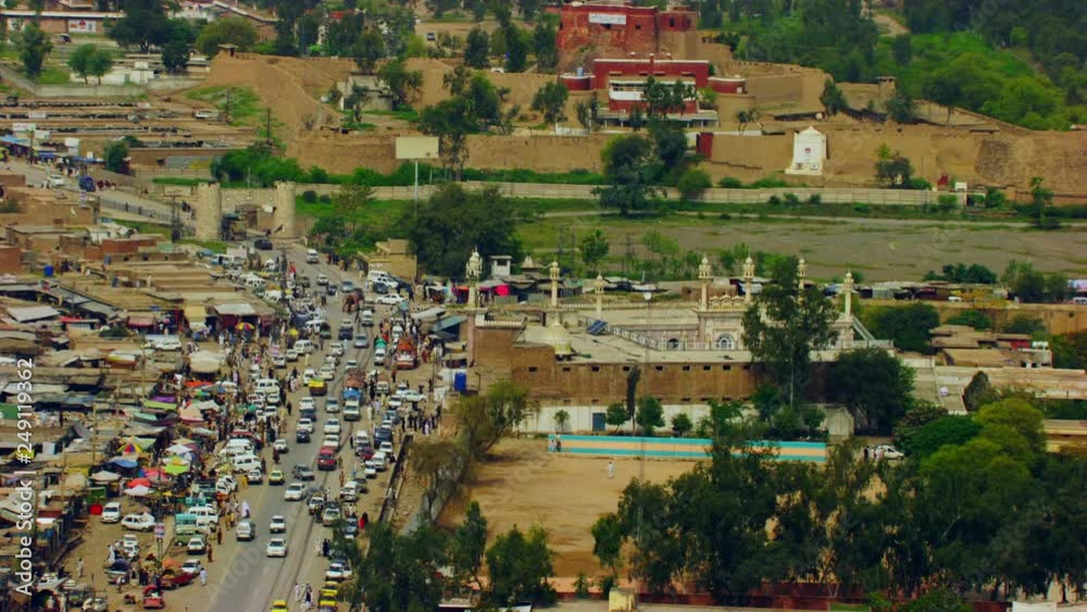 Peshawar, Pakistan, Aerial view of busy mountain pass connecting the ...