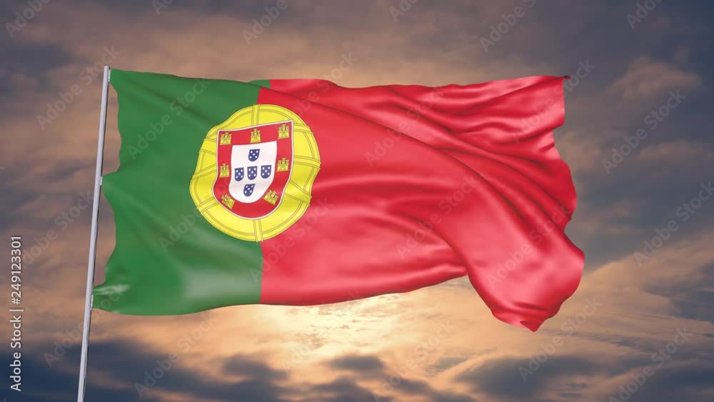 Animation of the flag of Portugal against the sky of the sun and clouds ...