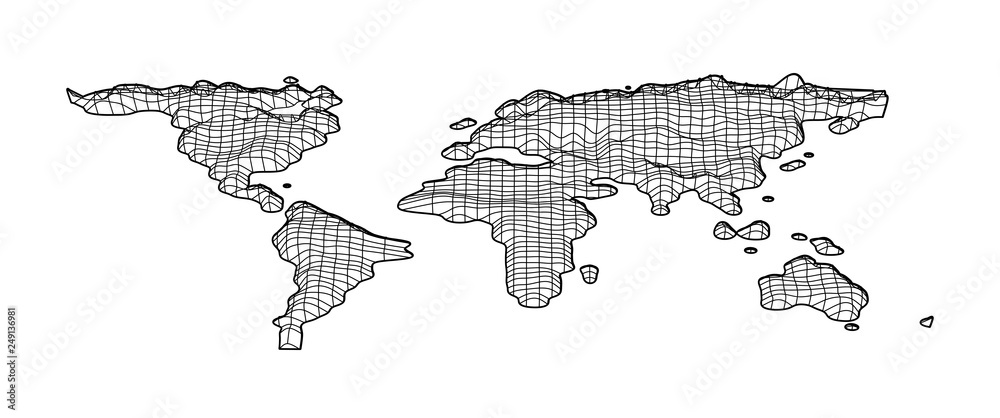 World map grid in bevel emboss style. Topography map of world ...