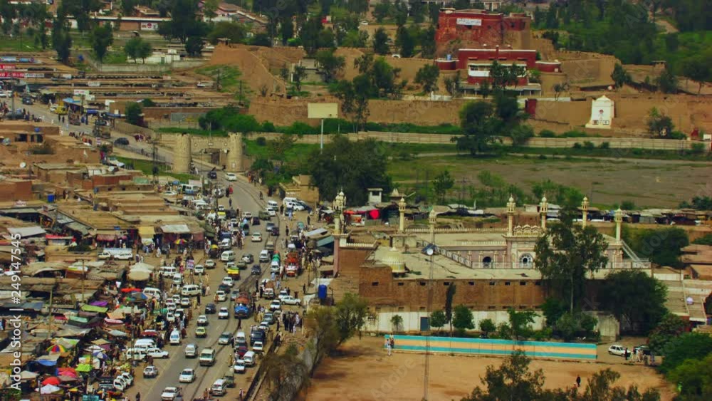 Peshawar, Pakistan, Aerial view of busy mountain pass connecting the ...