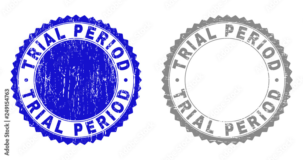 Grunge TRIAL PERIOD stamp seals isolated on a white background. Rosette ...