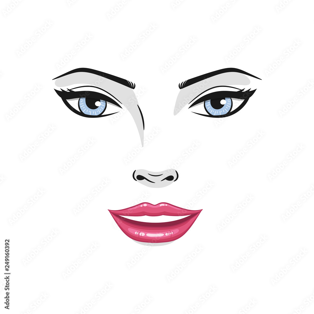 Beautiful young woman smiling face with red lips and blue eyes. Fashion ...