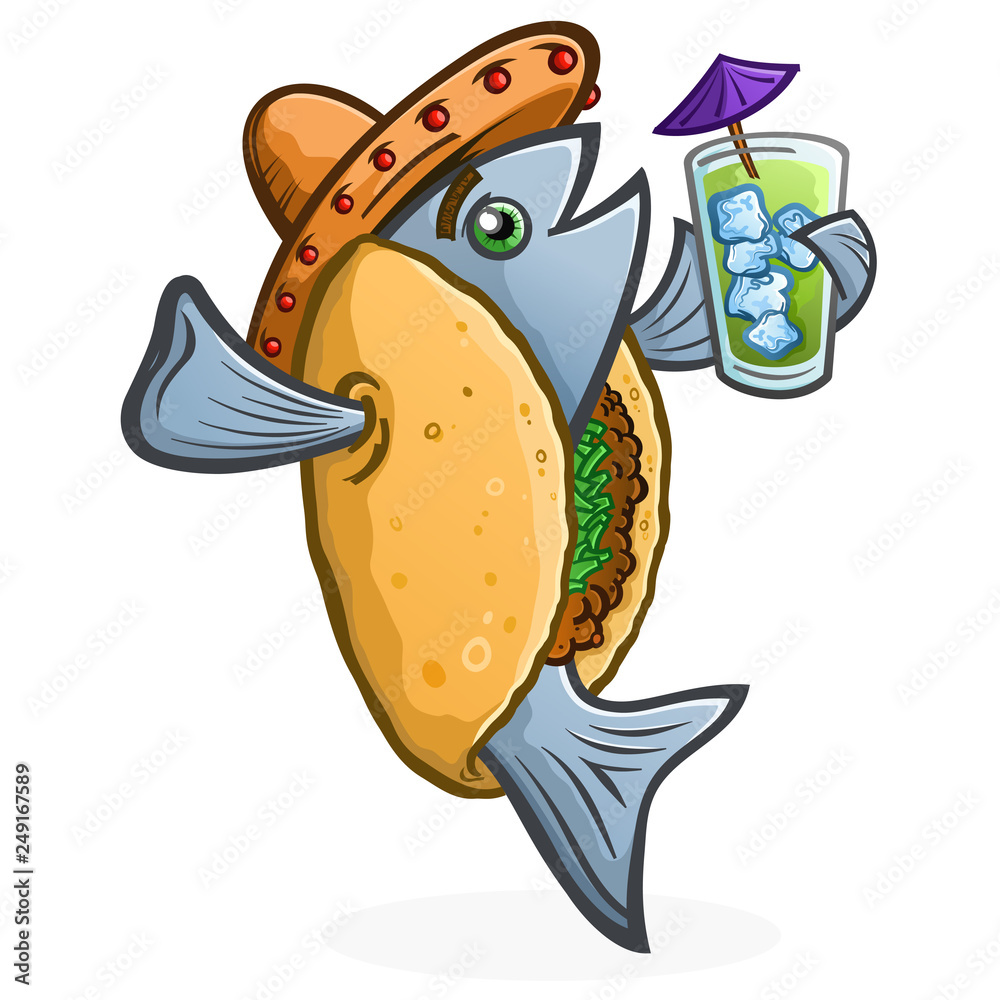 Fish Taco Cartoon Character Holding a Tropical Drink Stock Vector ...