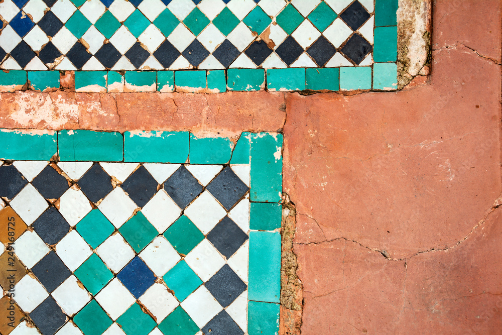 Typical Moroccan background with ceramic tiles and terracotta flooring ...