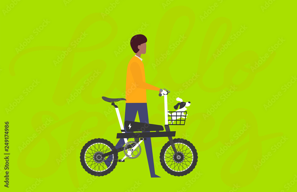 Cartoon picture with black man riding fast modern electric bicycle ...