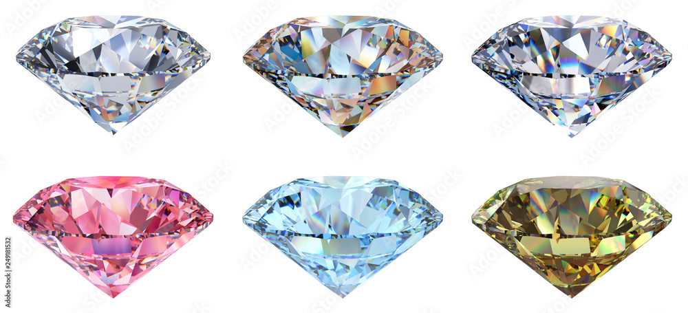 Six clear, pink, blue, yellow round cut diamonds, side view isolated on ...