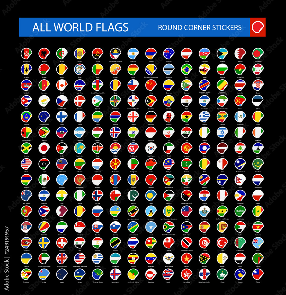 Round Corner All World Flags isolated on black background Stock Vector ...
