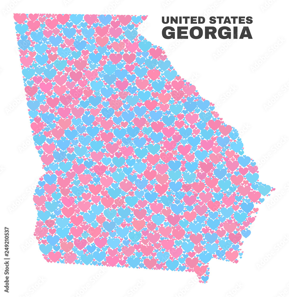 Mosaic Georgia State map of love hearts in pink and blue colors ...