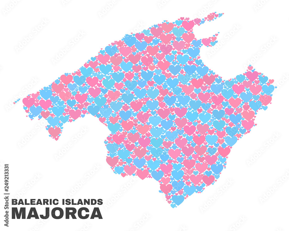 Mosaic Majorca map of lovely hearts in pink and blue colors isolated on ...